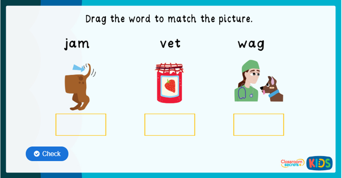 Phonics Word Match j v w y Game Phase 3 | Classroom Secrets Kids