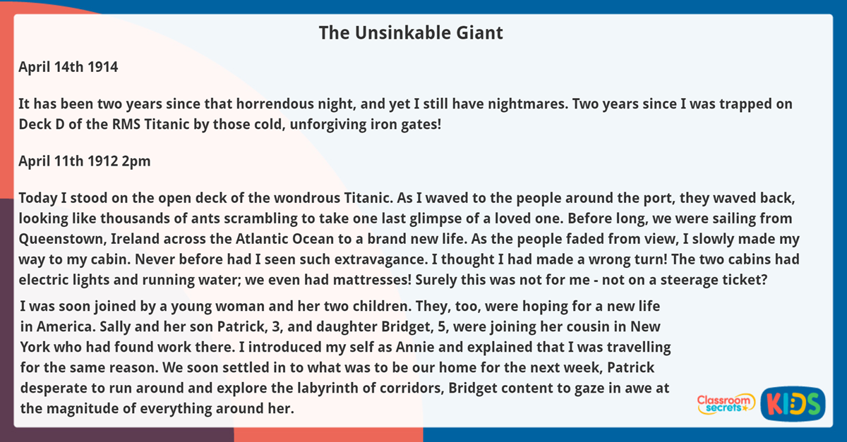 Year 5 Diary Reading Comprehension The Unsinkable Giant | Classroom ...