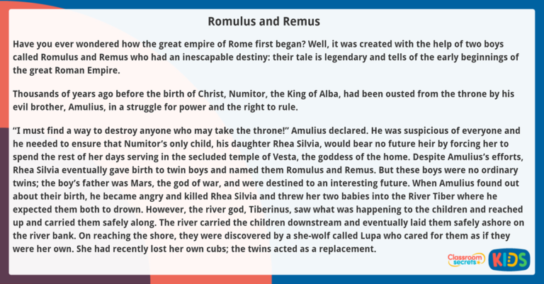 Year 5 Myths Reading Comprehension Romulus and Remus | Classroom ...