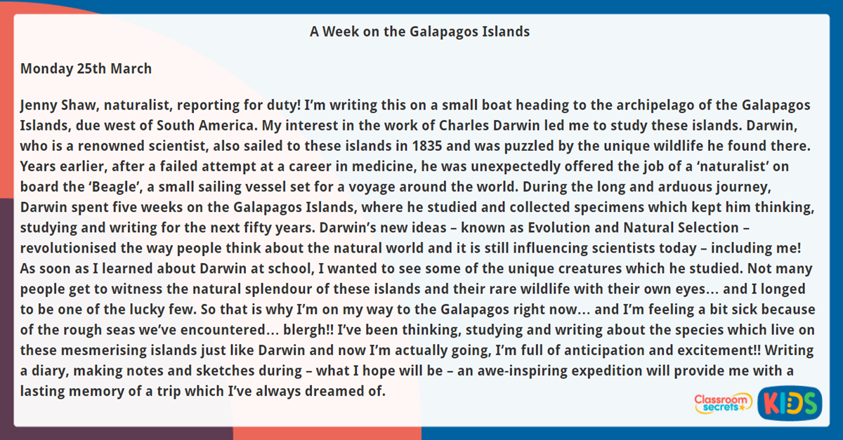 Year 6 Diary Reading Comprehension A Week on the Galapagos Islands ...