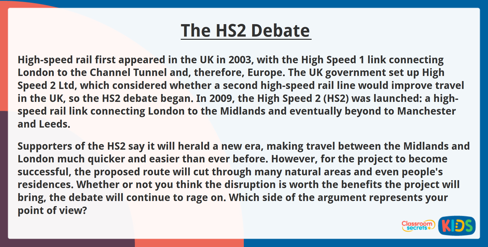 Year 6 Reading Comprehension The HS2 Debate | Classroom Secrets Kids