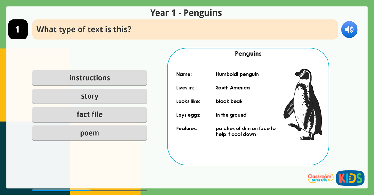Year 1 Features of Texts Reading Comprehension Penguins | Classroom ...