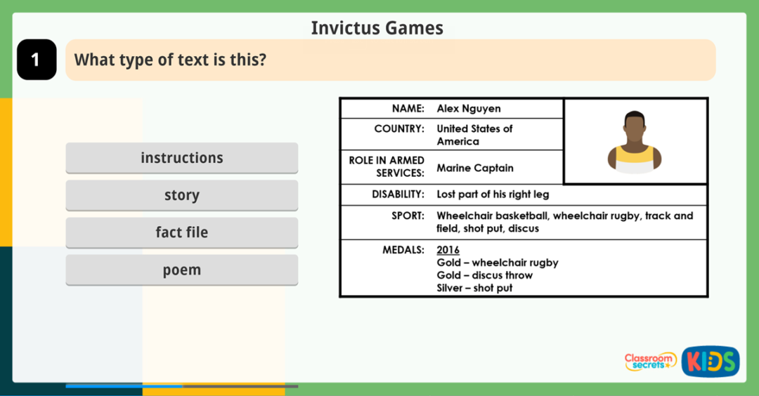 Year 2 Features of Texts Reading Comprehension Invictus Games ...