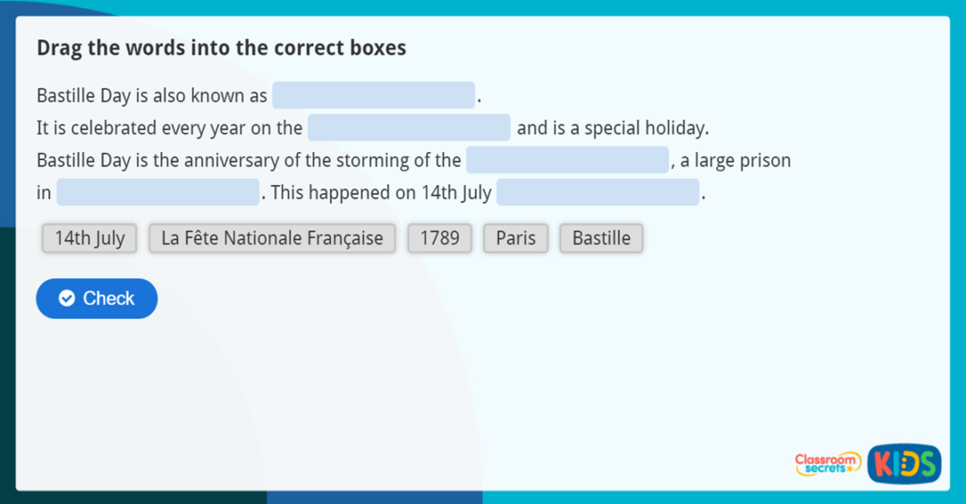 KS1 Bastille Day Interactive Worksheet 2 | Classroom Secrets Kids