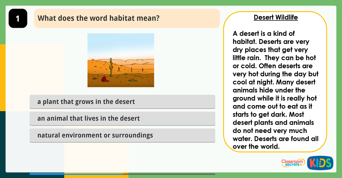 Year 2 Vocabulary Reading Comprehension Desert Wildlife | Classroom ...