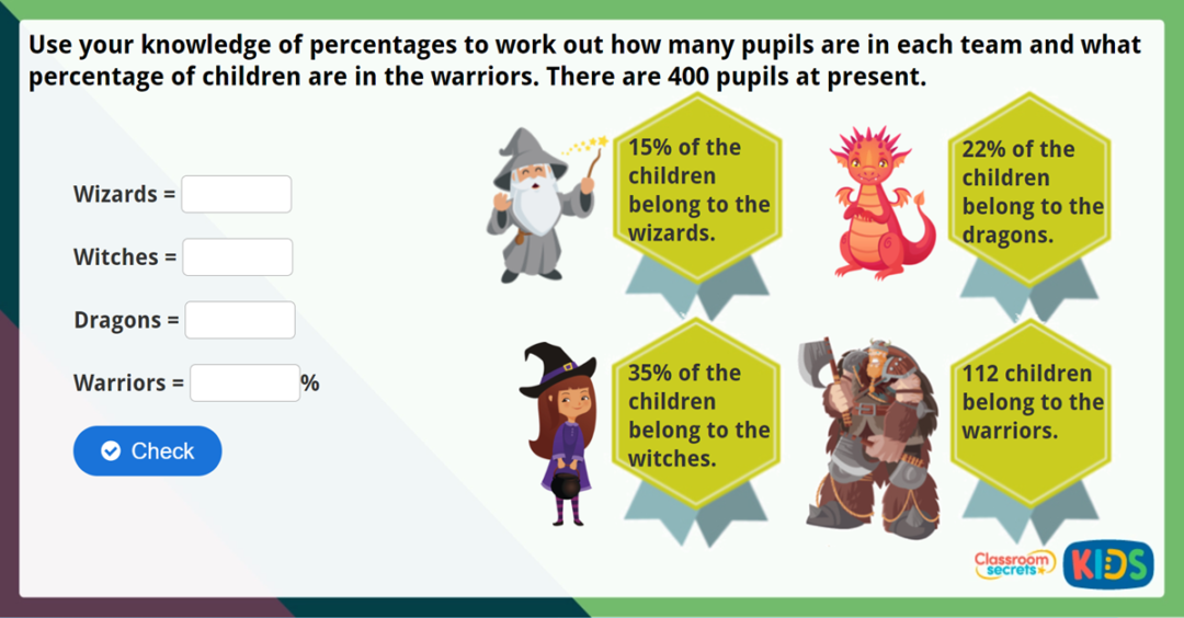 Year 6 Percentage of an Amount 1 Maths Challenge | Classroom Secrets Kids