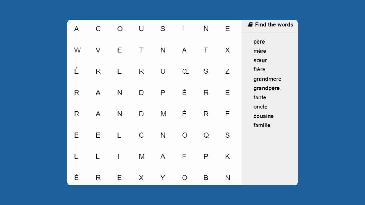 French Family Word Search Printable - Word Search Maker