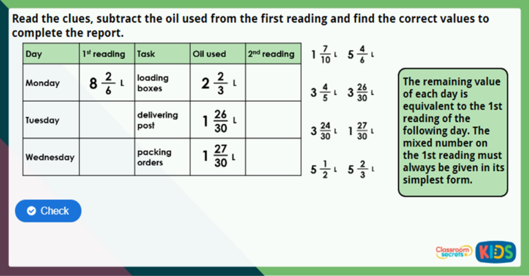 Year 5 Subtract 2 Mixed Number Maths Challenge | Classroom Secrets Kids