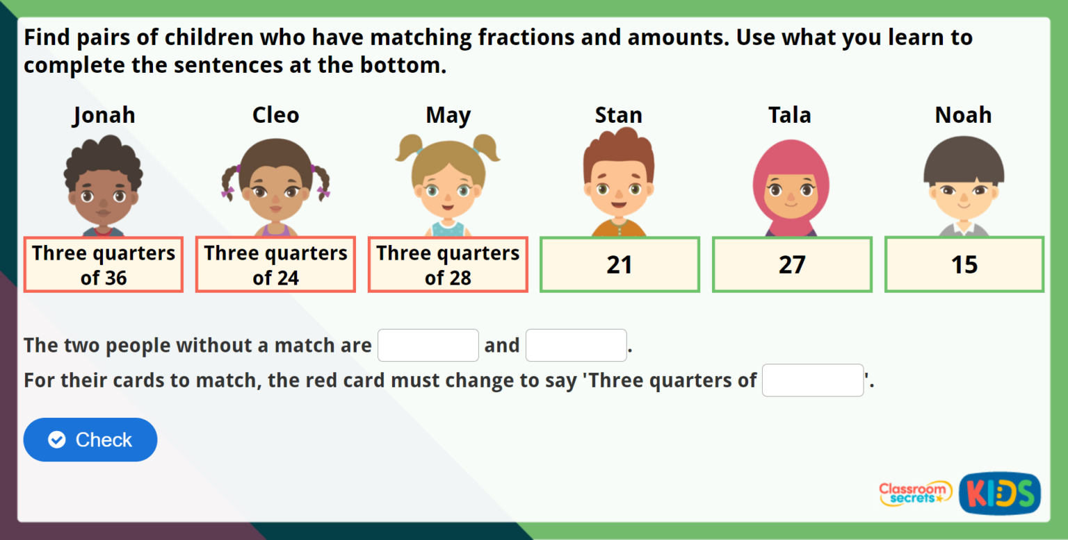Year 2 Find Three Quarters Maths Challenge | Classroom Secrets Kids