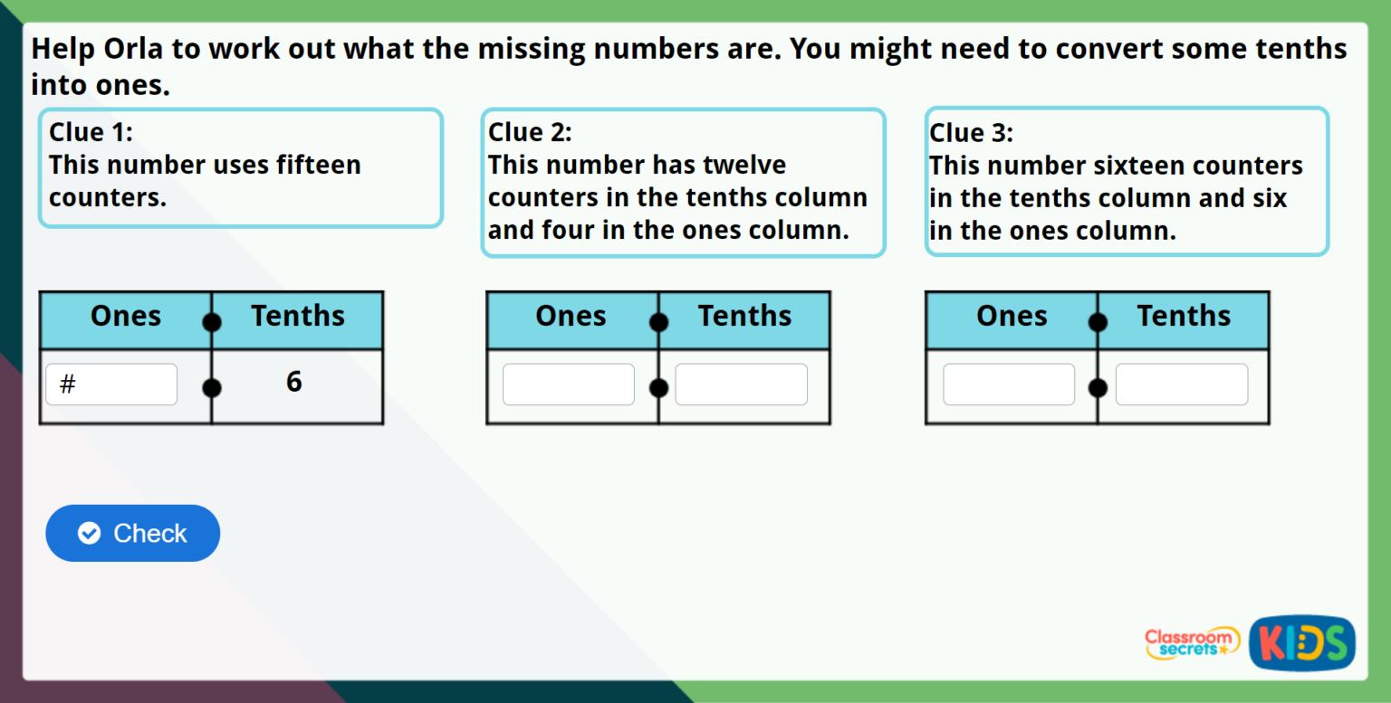 Year 4 Tenths on a Place Value Grid Maths Challenge | Classroom Secrets ...