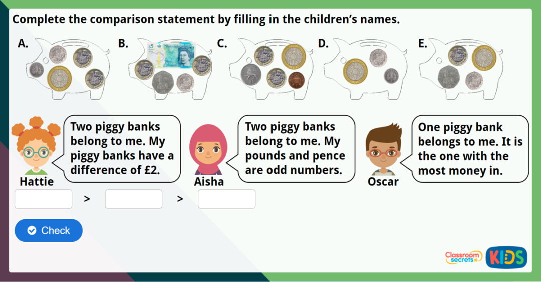 Year 2 Compare Money Maths Challenge | Classroom Secrets Kids